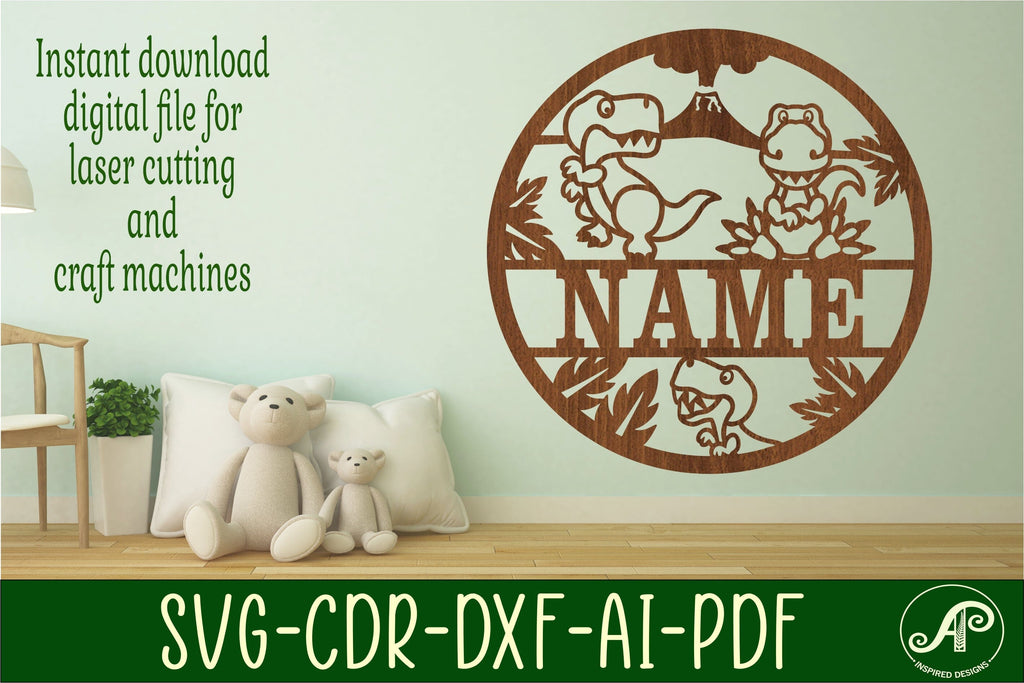 Cute T Rex name sign svg laser cut template - So Fontsy