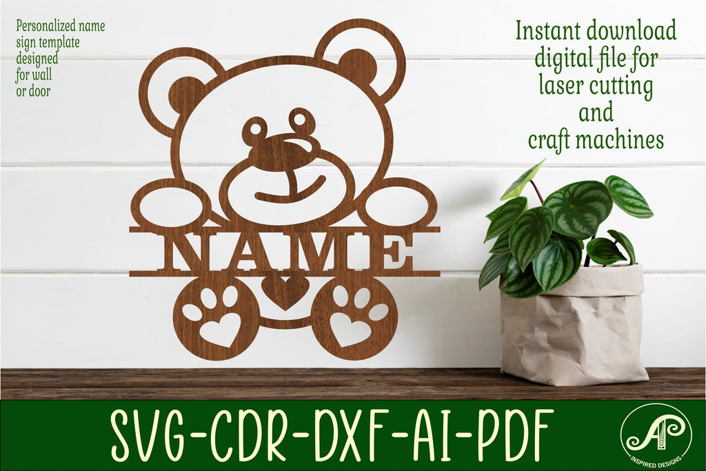 Cute Teddy bear Name sign svg laser cut template - So Fontsy
