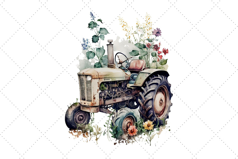 Cute Vintage Farm Tractor Floral Watercolor Clipart Bundle, Sublimation ...