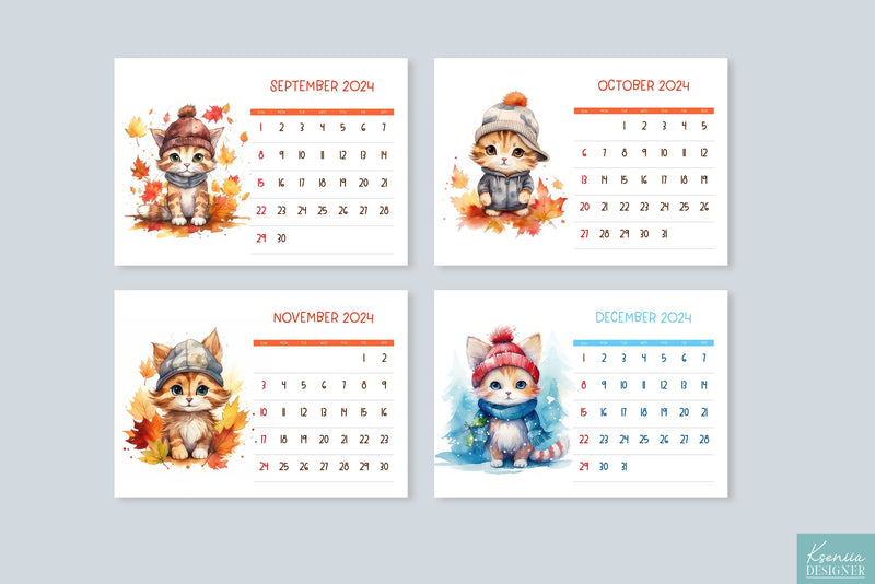 Cute watercolor baby cat. Printable calendar 2024 - So Fontsy
