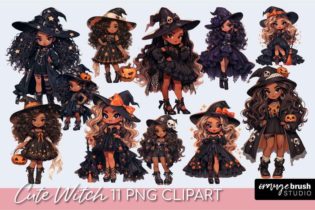 Cute Witch Clipart, Halloween Sublimation, Chibi Girl PNG - So Fontsy