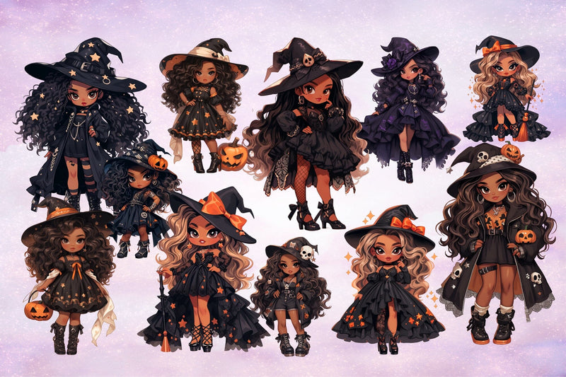 Cute Witch Clipart, Halloween Sublimation, Chibi Girl PNG - So Fontsy