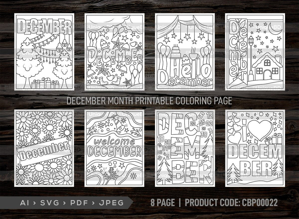 December Month Printable Coloring Page Bundle, PDF Colouring Book, Ins ...