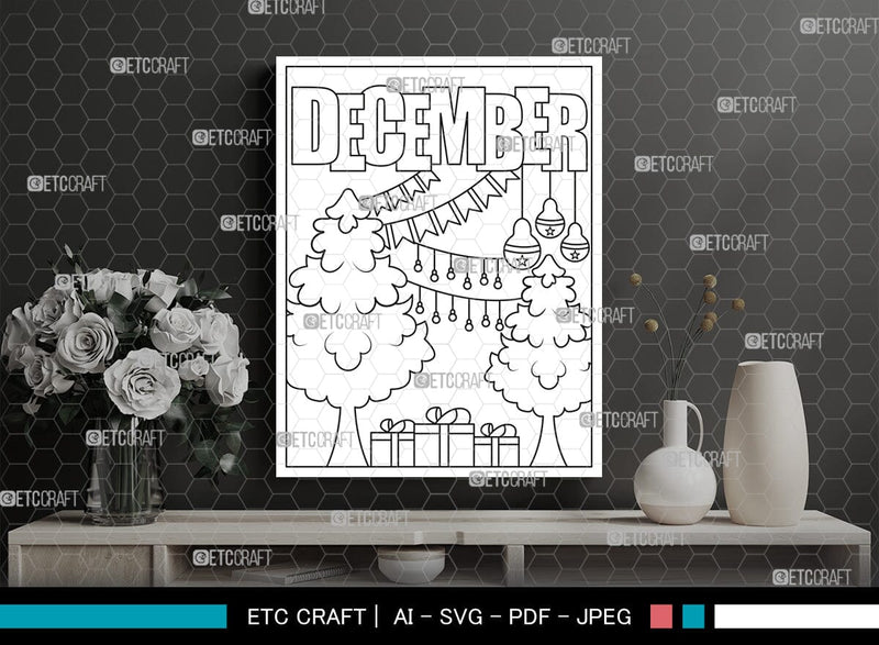 December Month Printable Coloring Page Cut File, PDF Colouring Book ...