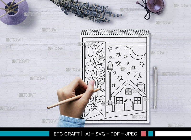 December Month Printable Coloring Page Cut File, PDF Colouring Book ...