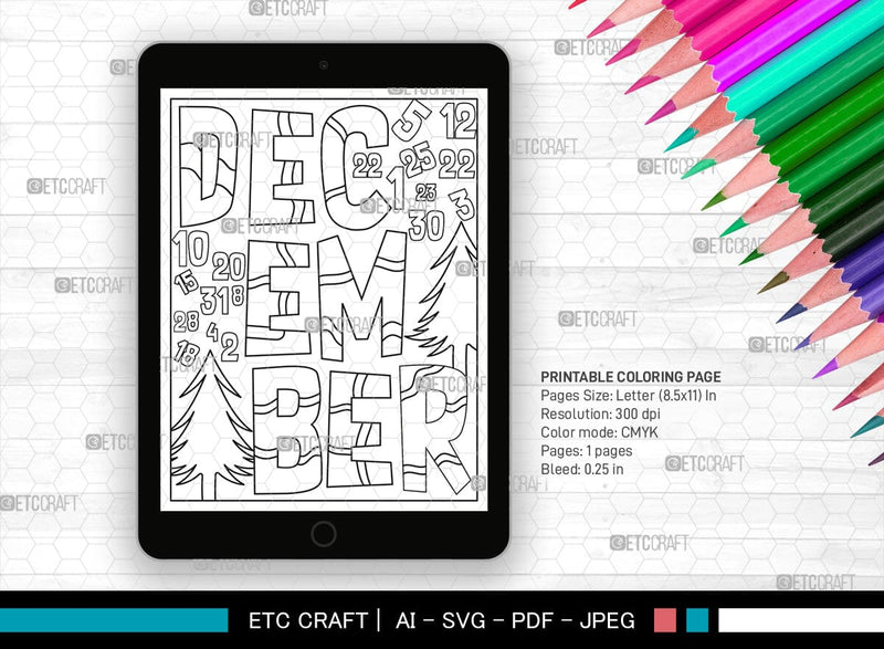 December Month Printable Coloring Page Cut File, PDF Colouring Book ...