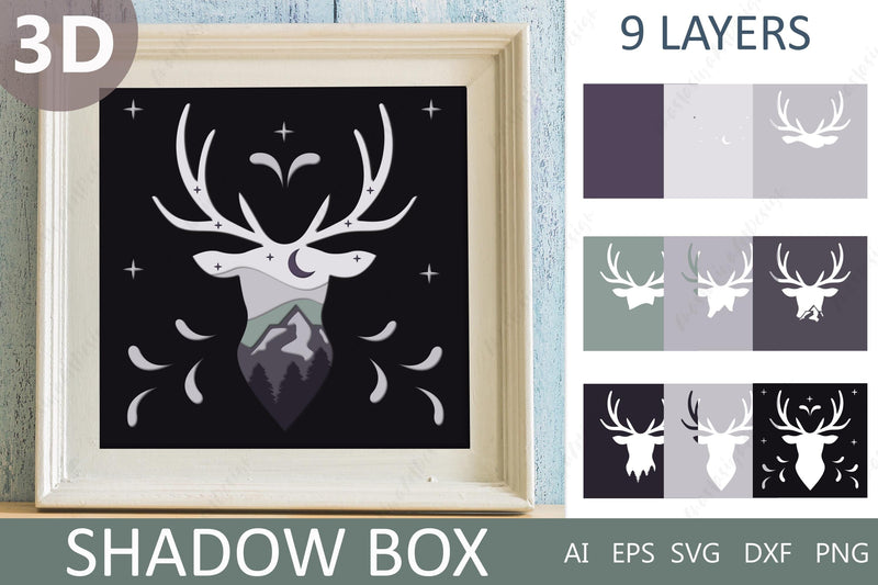 Deer and mountain layered 3d papercut, Deer shadow box svg - So Fontsy