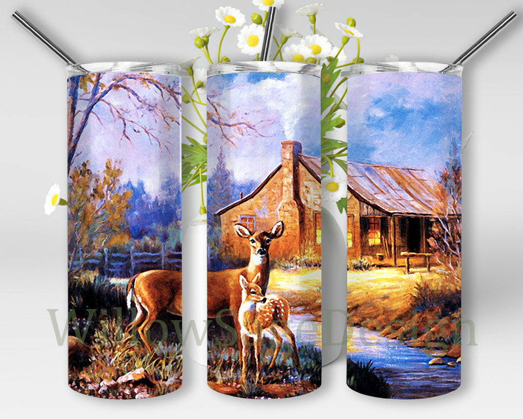 Deer Farm Scene 20oz Skinny Tumbler, Watercolor Deer Tumbler Png, Deer ...