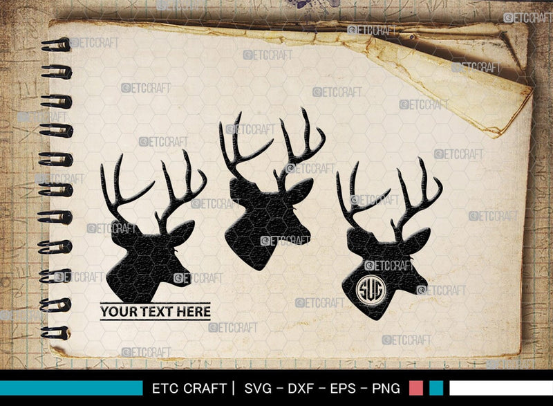 Deer Head Monogram, Deer Head Silhouette, Deer Head SVG, Deer Horns Svg ...
