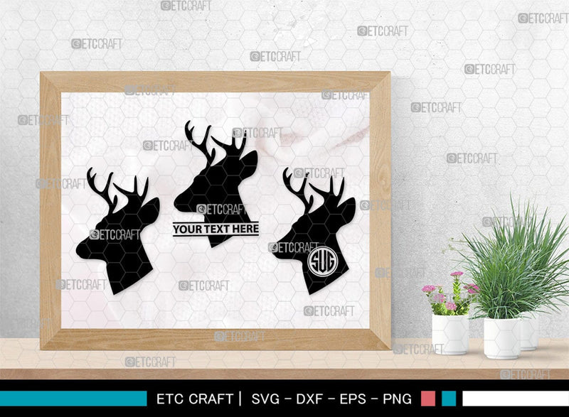 Deer Head Monogram, Deer Head Silhouette, Deer Head SVG, Deer Horns Svg ...