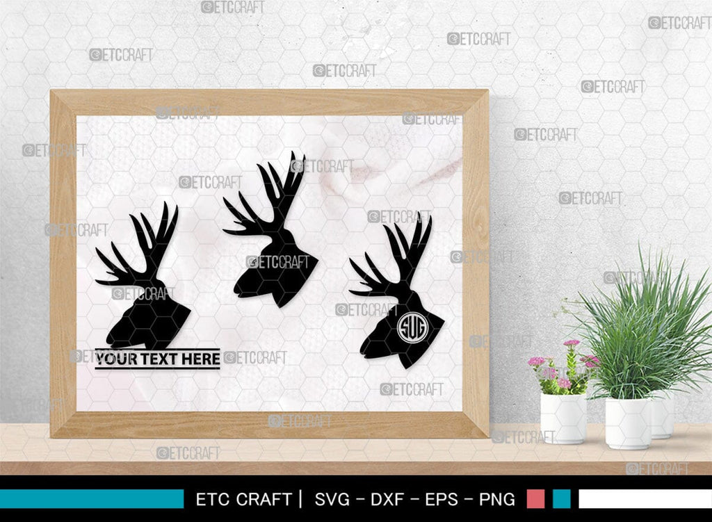 Deer Head Monogram, Deer Head Silhouette, Deer Head SVG, Deer Horns Svg ...