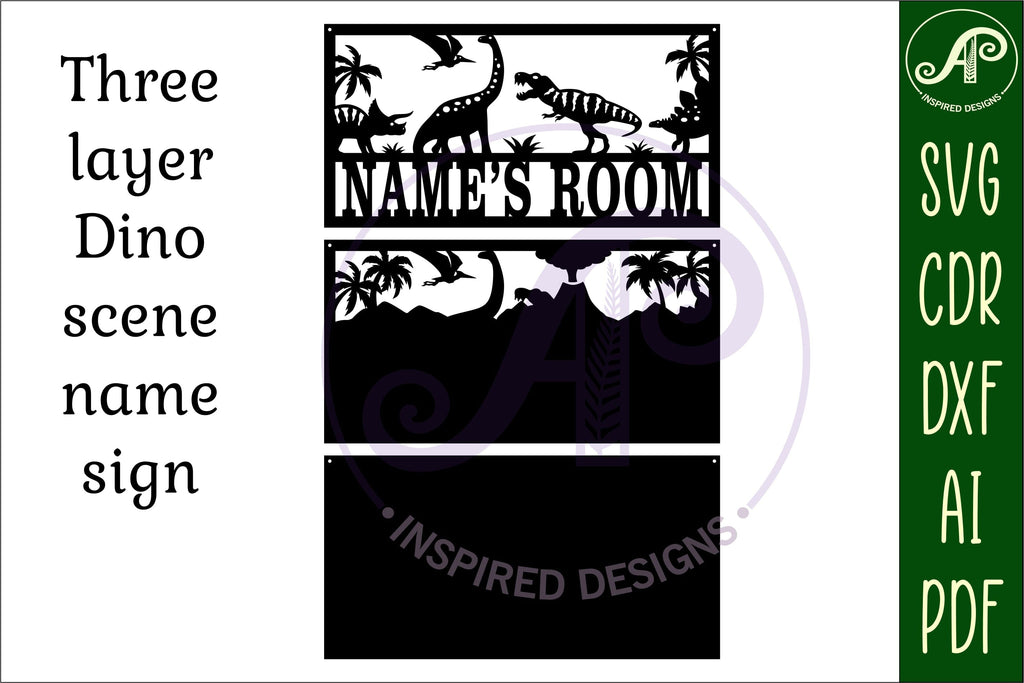 Dino scene name sign SVG 3 layer laser cut template - So Fontsy
