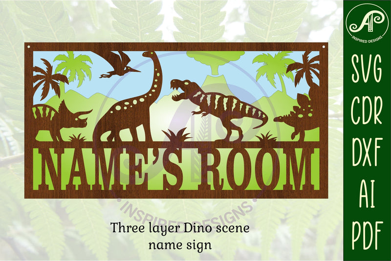 Dino scene name sign SVG 3 layer laser cut template - So Fontsy