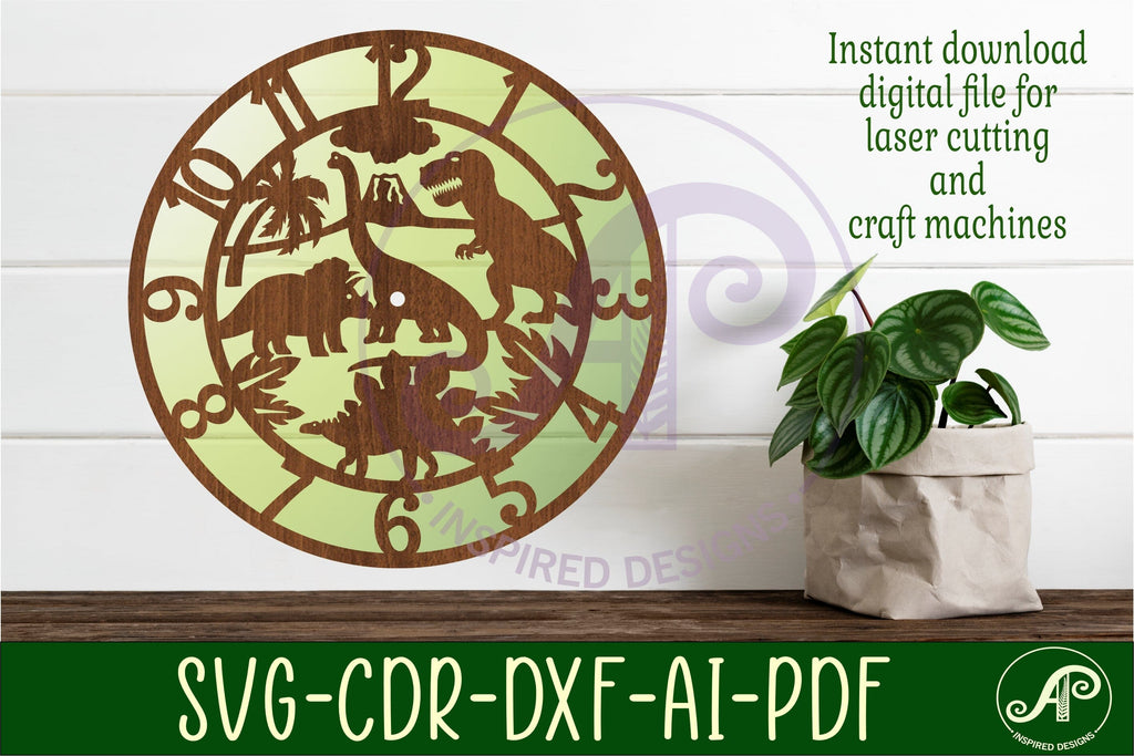 Dinosaur animal wall clock laser cut files, SVG file. vector - So Fontsy