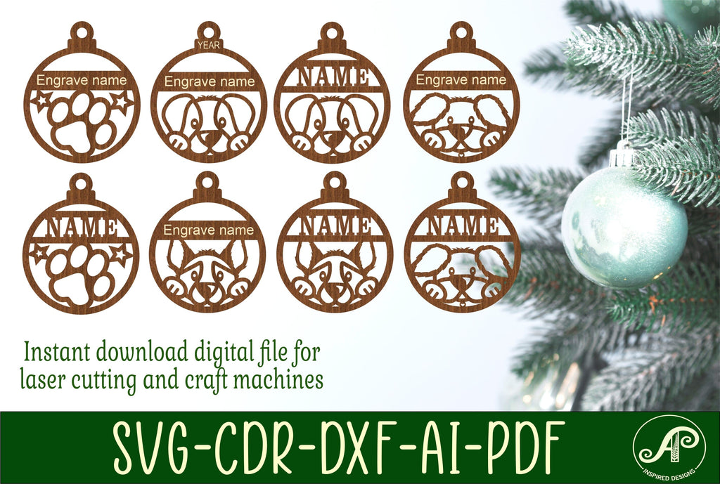 Dog Christmas Ornaments, 4 cute designs SVG laser cut - So Fontsy