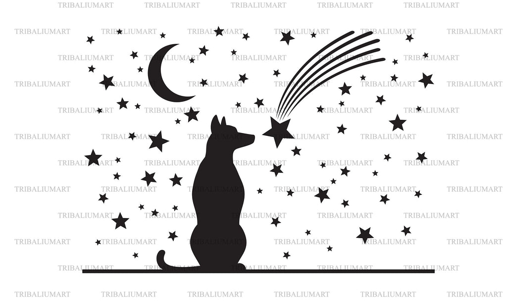 Dog, moon and stars. Cut files for Cricut. Clip Art silhouettes (eps ...