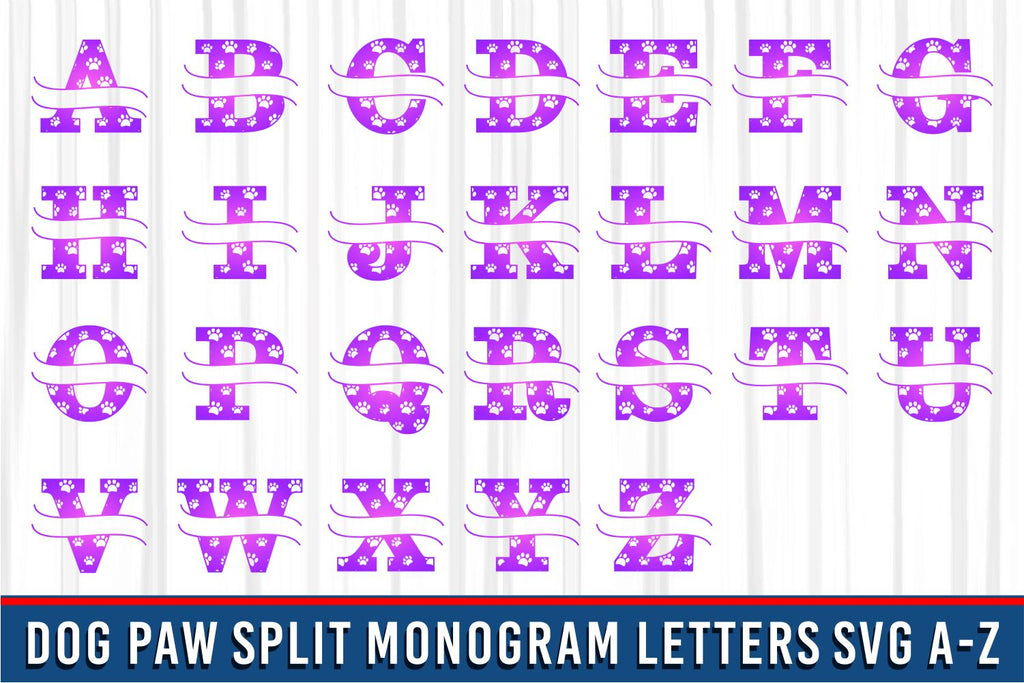 Dog Paw Split Monogram Letters SVG Set A-Z, Split Alphabet SVG, Split ...