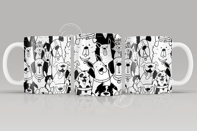 Dogs Mug Design, Black and White Dogs Sublimation Wrap, Dog Mug Wrap ...