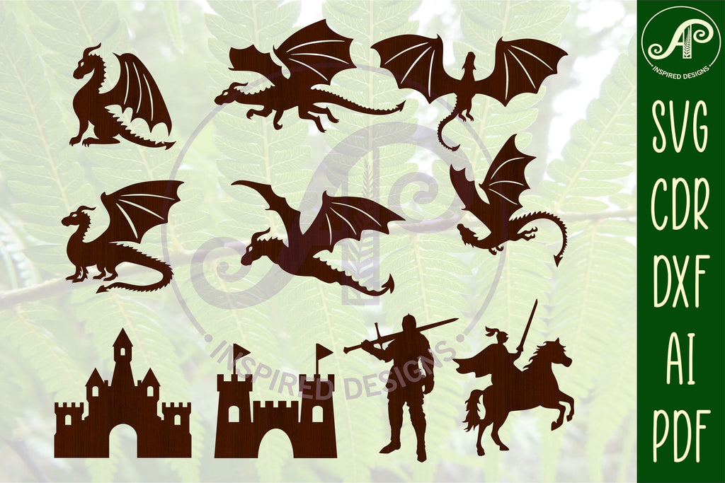 Dragon castle and knight Silhouette laser cut shapes x 10SVG - So Fontsy