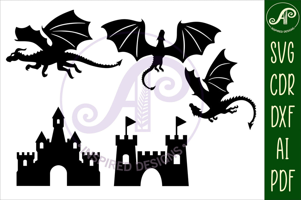 Dragon castle and knight Silhouette laser cut shapes x 10SVG - So Fontsy