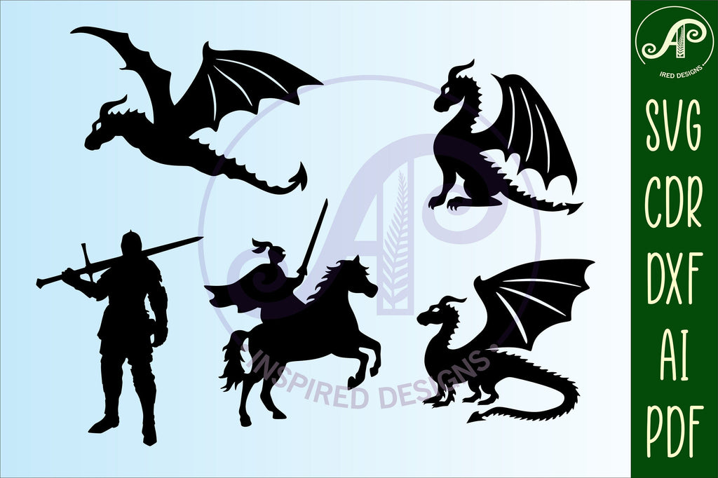 Dragon castle and knight Silhouette laser cut shapes x 10SVG - So Fontsy