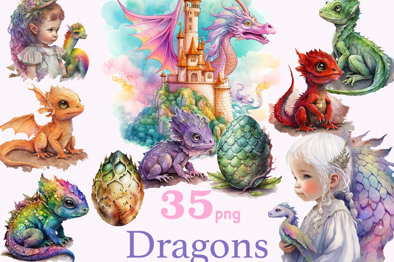 Dragon Clip Art Bundle | Little Girl Illustration - So Fontsy