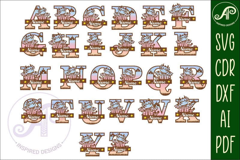 Dragon monogram letter bundle Name signs SVG 3 layer - So Fontsy