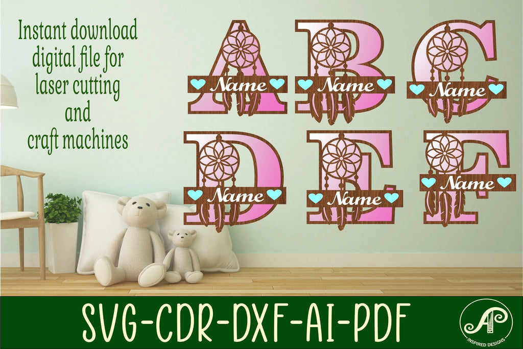 Dreamcatcher monogram letter bundle Name signs SVG 3 layer - So Fontsy