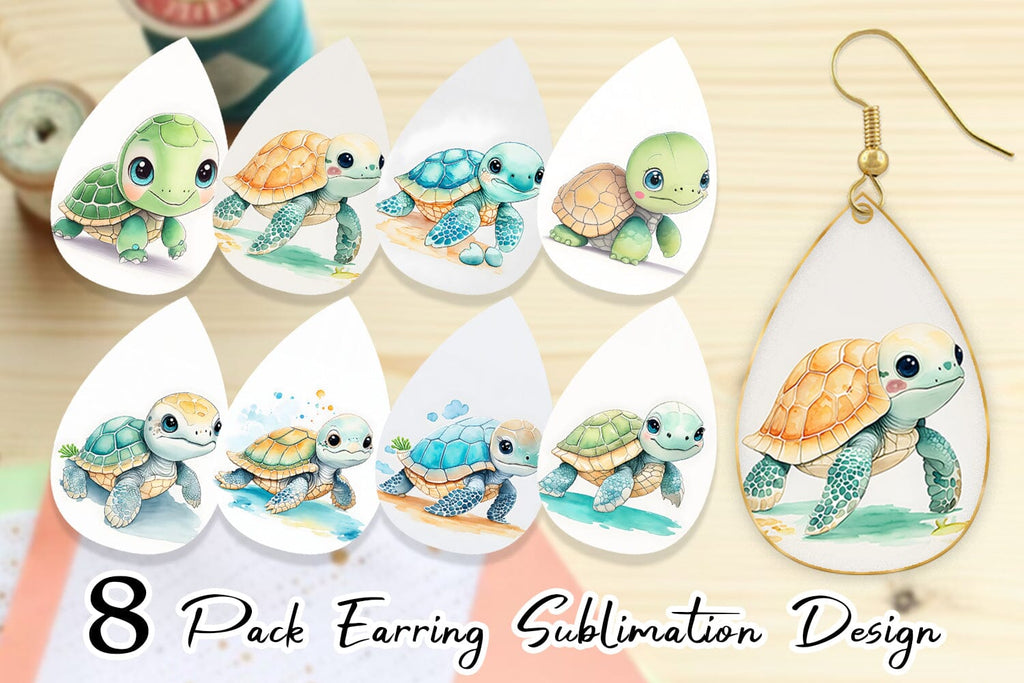 Earring teardrop sublimation design Cute turtle - So Fontsy