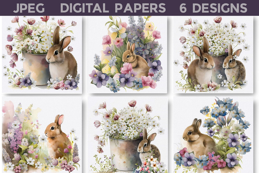 Easter Bunny With Flowers Digital Papers - So Fontsy