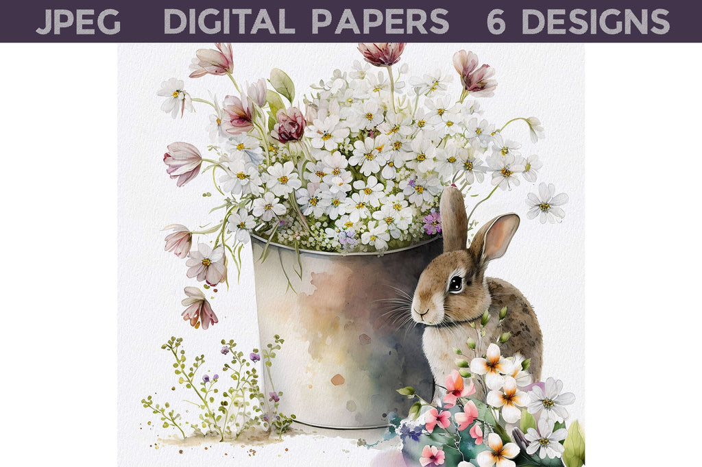 Easter Bunny With Flowers Digital Papers - So Fontsy