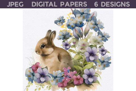 Easter Bunny With Flowers Digital Papers - So Fontsy