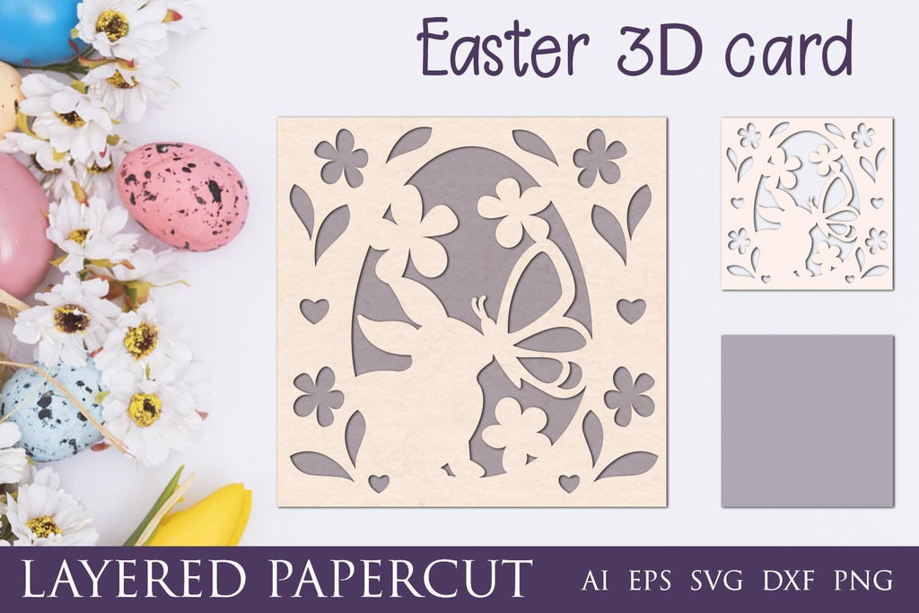 Easter card papercut, 3d layered easter egg with bunny and flowers svg ...