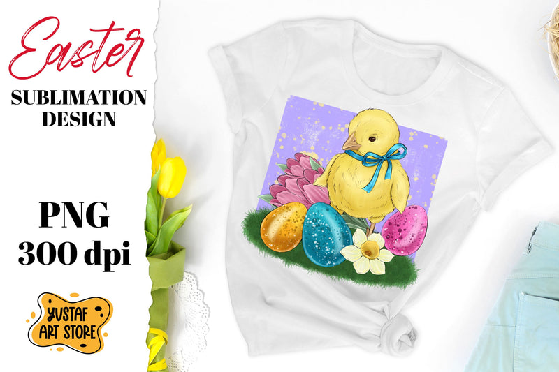 Easter sublimation design. Cute chick and easter eggs - So Fontsy