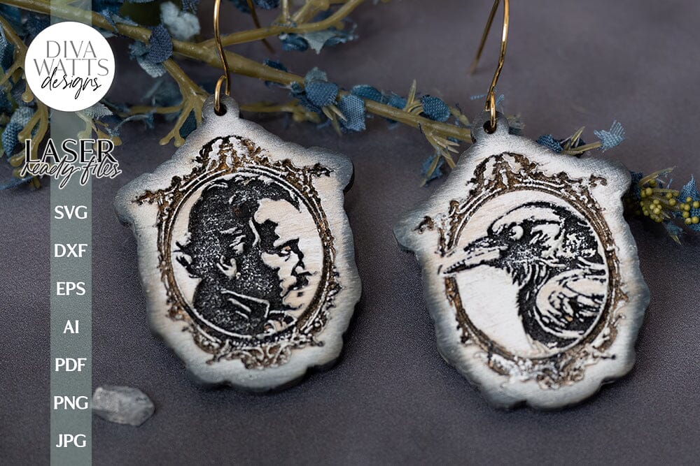 Edgar Allan Poe And Raven In Frame Earrings SVG For Laser Glowforge Ed ...