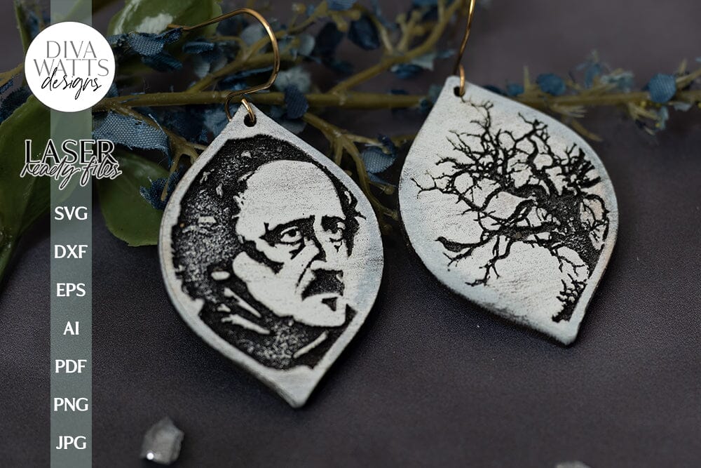 Edgar Allan Poe And Raven In Tree Earrings SVG For Laser Glowforge Edg ...