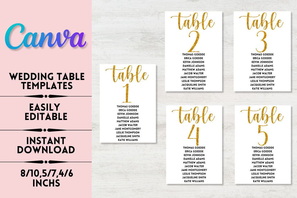 Editable Gold Glitter Wedding Table Number Template Bundle-5 - So Fontsy