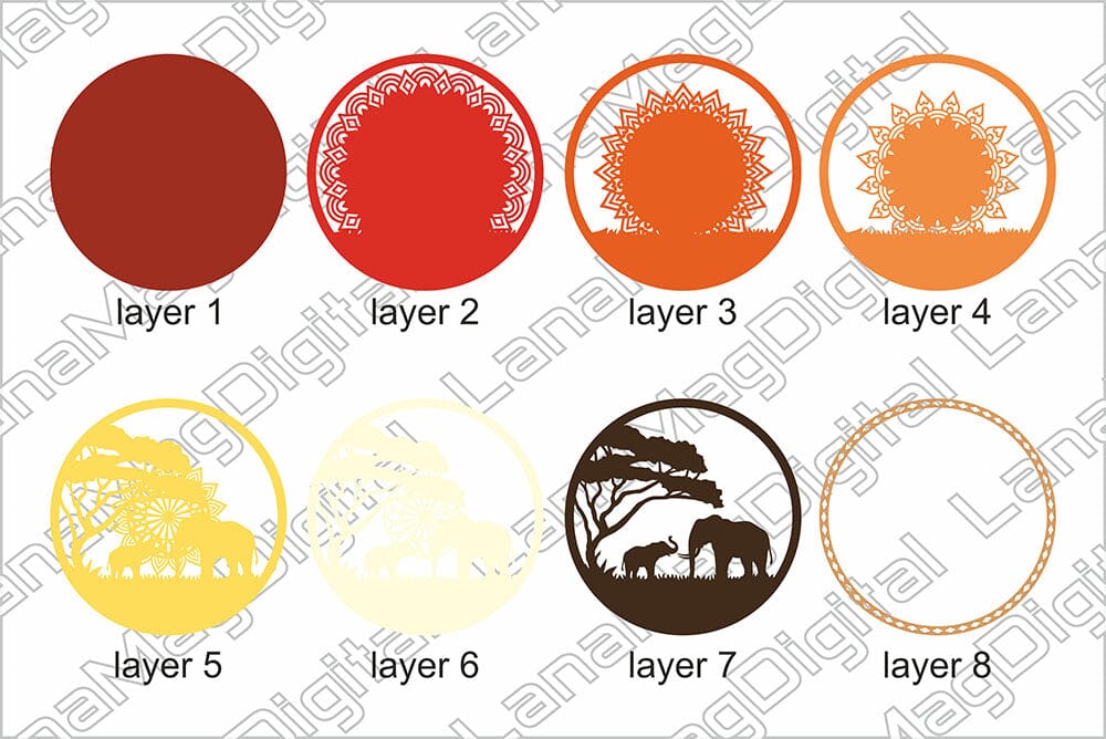 Elephant mandala svg, Layered Africa sunset, Papercraft - So Fontsy
