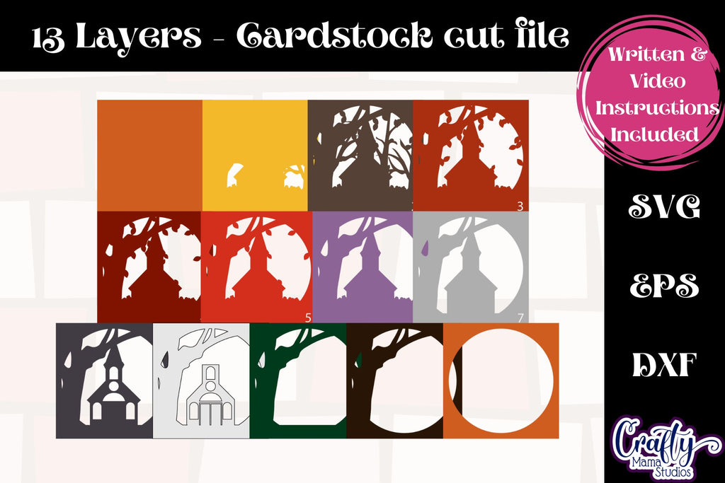 Fall Church Svg Shadow Box, 3D Layered Autumn Trees Leaves - So Fontsy