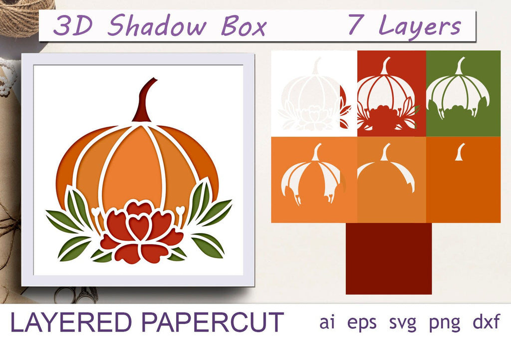 Fall shadow box svg, 3d flower pumpkin layered papercut, Autumn decor ...
