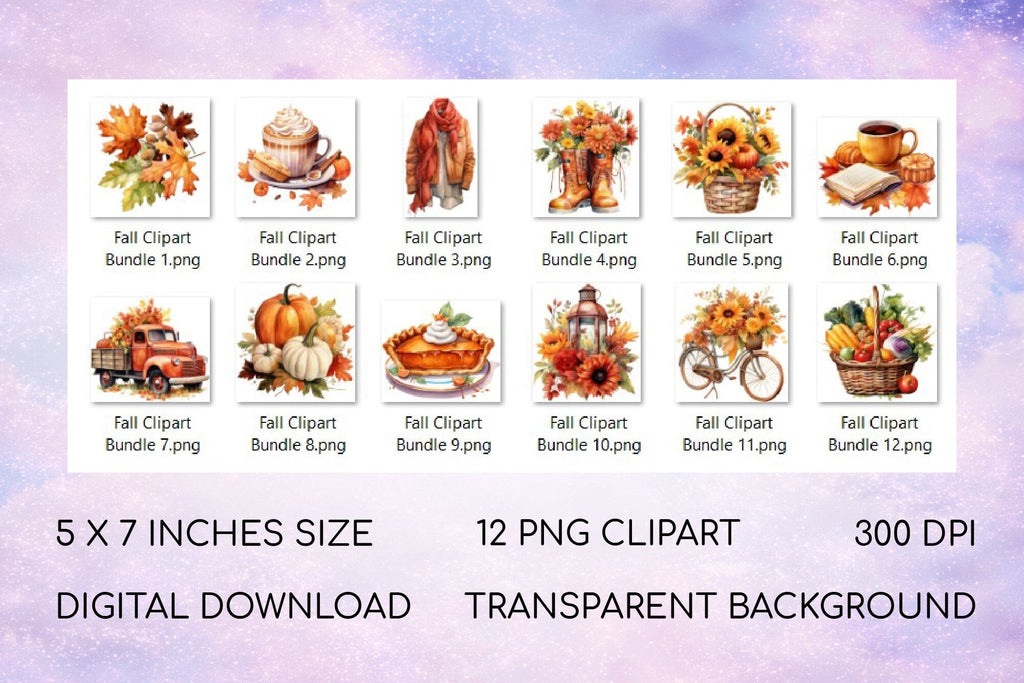 Fall Sublimation Bundle, Watercolor Autumn Clipart PNG - So Fontsy