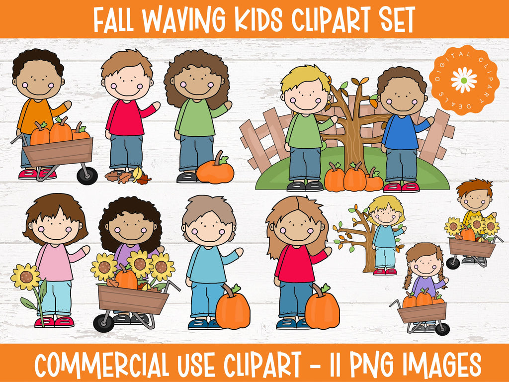 Fall Waving Kids Clipart Set - Autumn Teacher Illustrations - So Fontsy