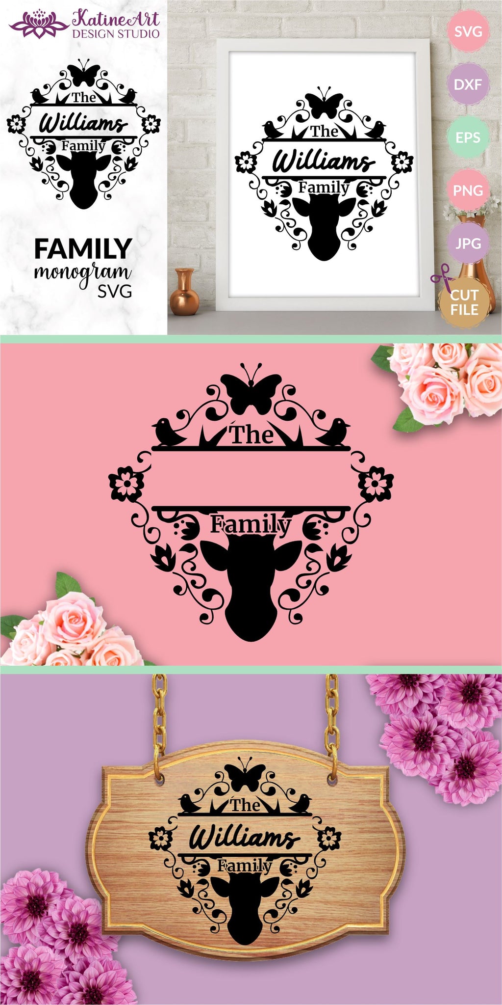 Family monogram last name sign frame with deer head svg. Jpg, png, eps ...