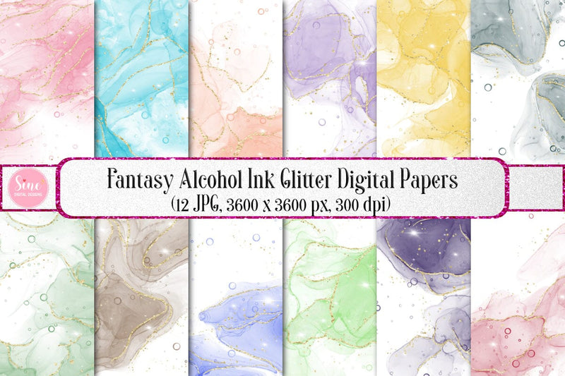 Fantasy Alcohol Ink Glitter Digital Papers Backgrounds Set - So Fontsy