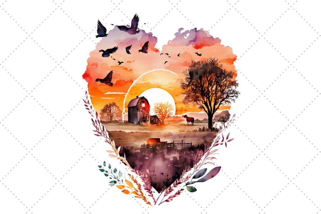 Farm Heart and Sunset Watercolor Clipart Bundle, Sublimation, Farm ...