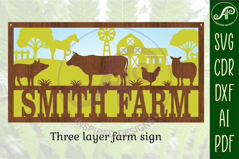 Farm scene name sign SVG 3 layer laser cut template - So Fontsy