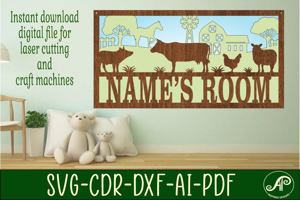 Farm scene name sign SVG 3 layer laser cut template - So Fontsy