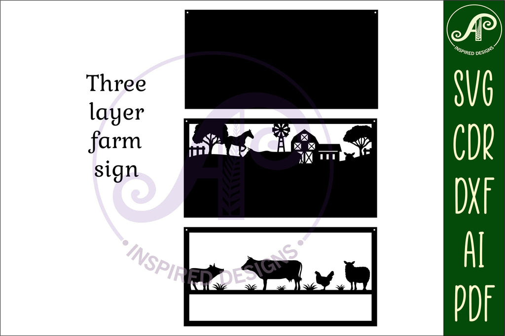 Farm scene name sign SVG 3 layer laser cut template - So Fontsy