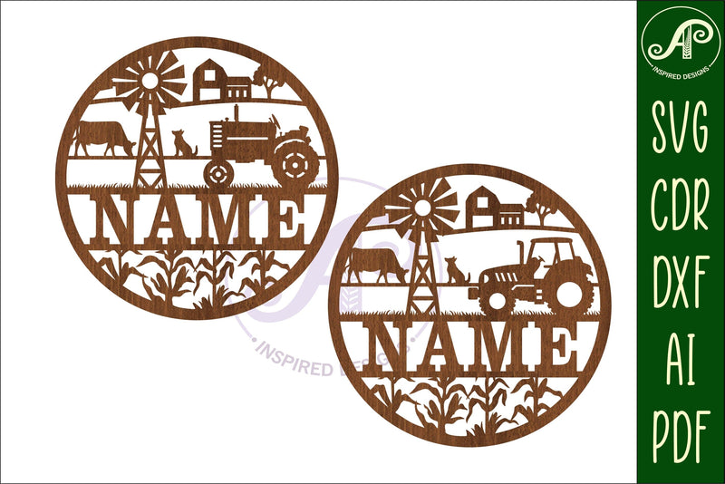 Farm scene with tractor 2 options Name sign svg laser cut - So Fontsy