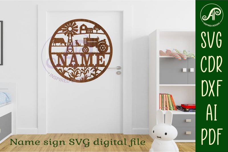 Farm scene with tractor 2 options Name sign svg laser cut - So Fontsy